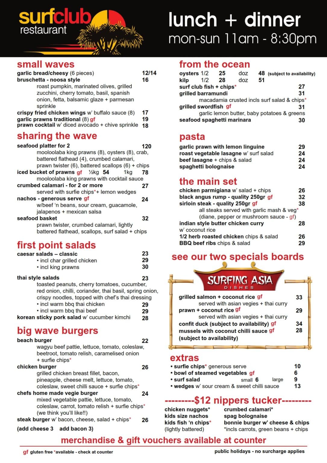 Lunch & Dinner Menu - Noosa Heads Surf Lifesaving Club