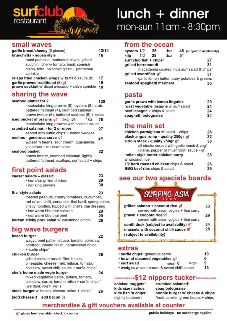 Lunch & Dinner Menu - Noosa Heads Surf Lifesaving Club